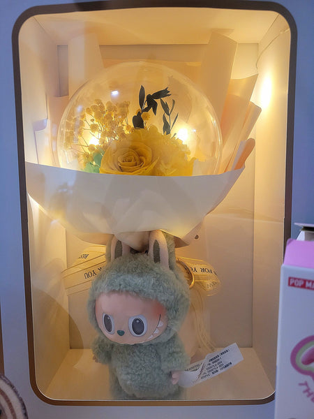 AUTHENTIC LABUBU Acrylic Ball Preserved Yellow Rose Bouquet