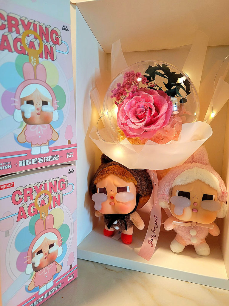 Crybaby Acrylic Ball Preserved Pink Rose Flowers Bouquet