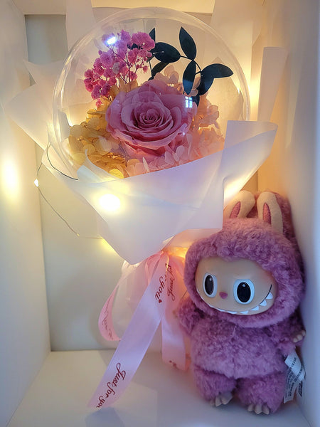 AUTHENTIC LABUBU Acrylic Ball Preserved Pink Rose Bouquet
